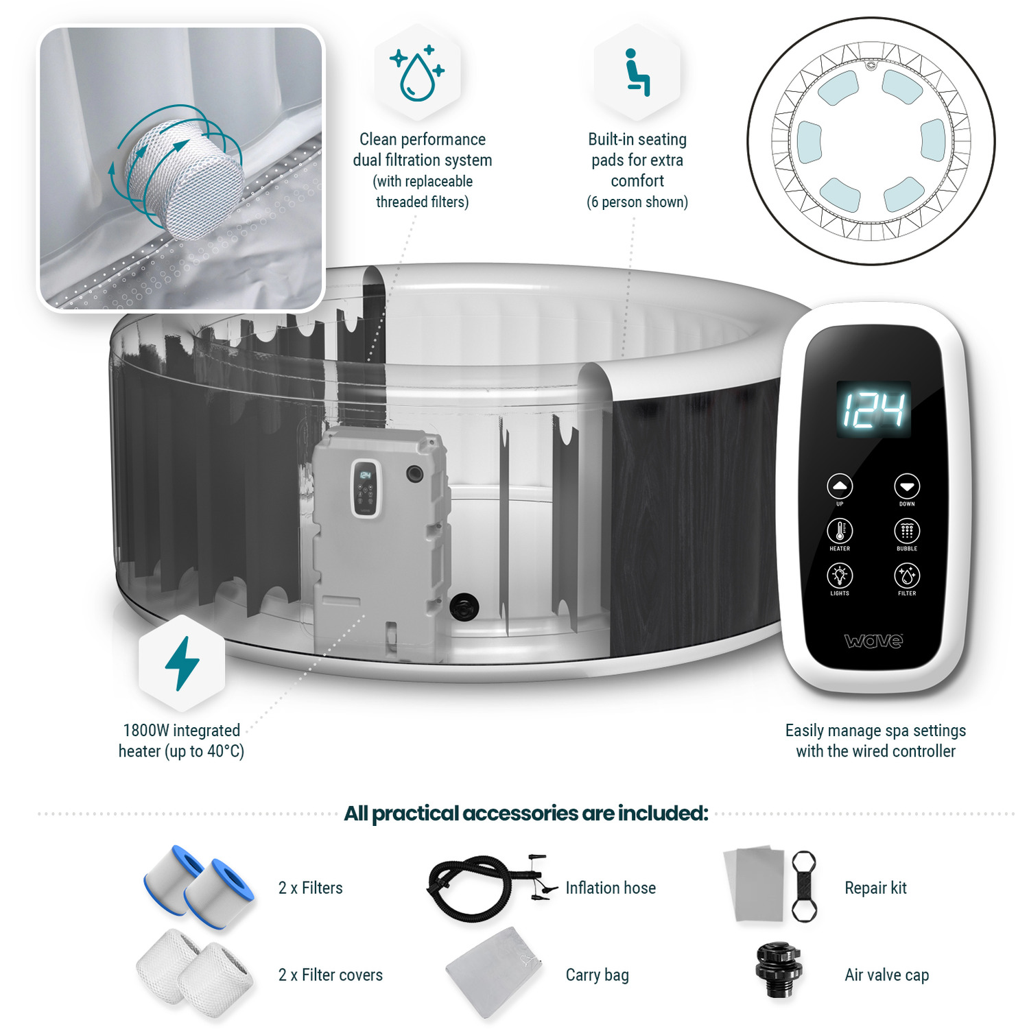 Wave Atlantic 4-Person Inflatable Hot Tub with Integrated Heater