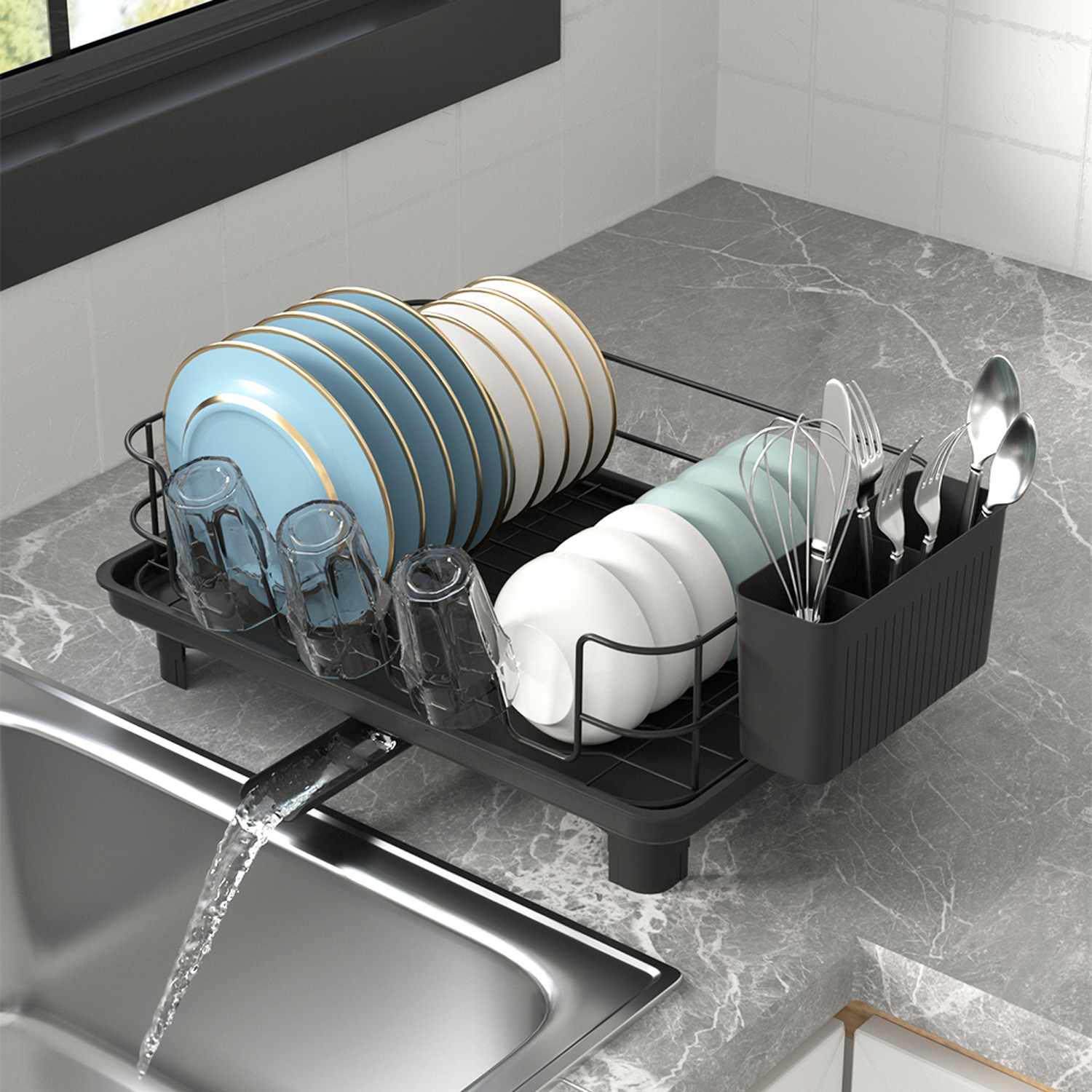 Lifeideas Carbon Steel Dish Drainer with Rotating Telescopic Drainage Pipe