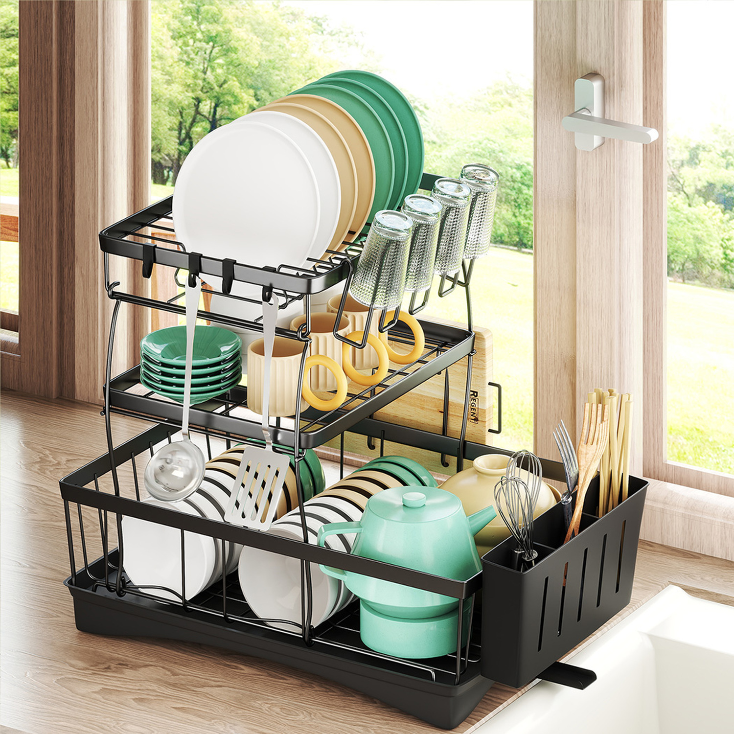 3 Tier Dish Drying Rackwith Drip Tray for Plates and Cutlery