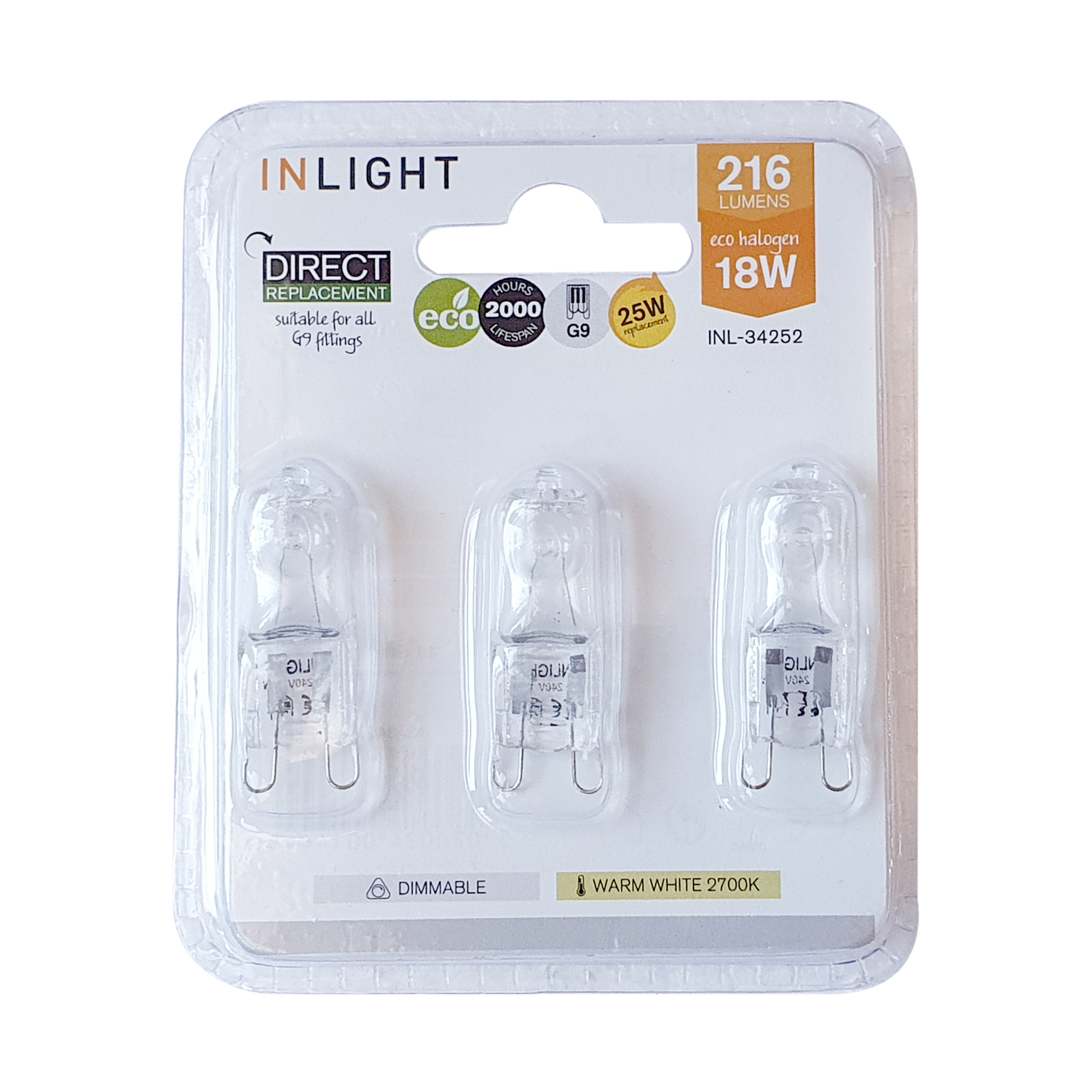 3 Pack of 18 Watt G9 Eco Halogen Light Bulbs - Clear