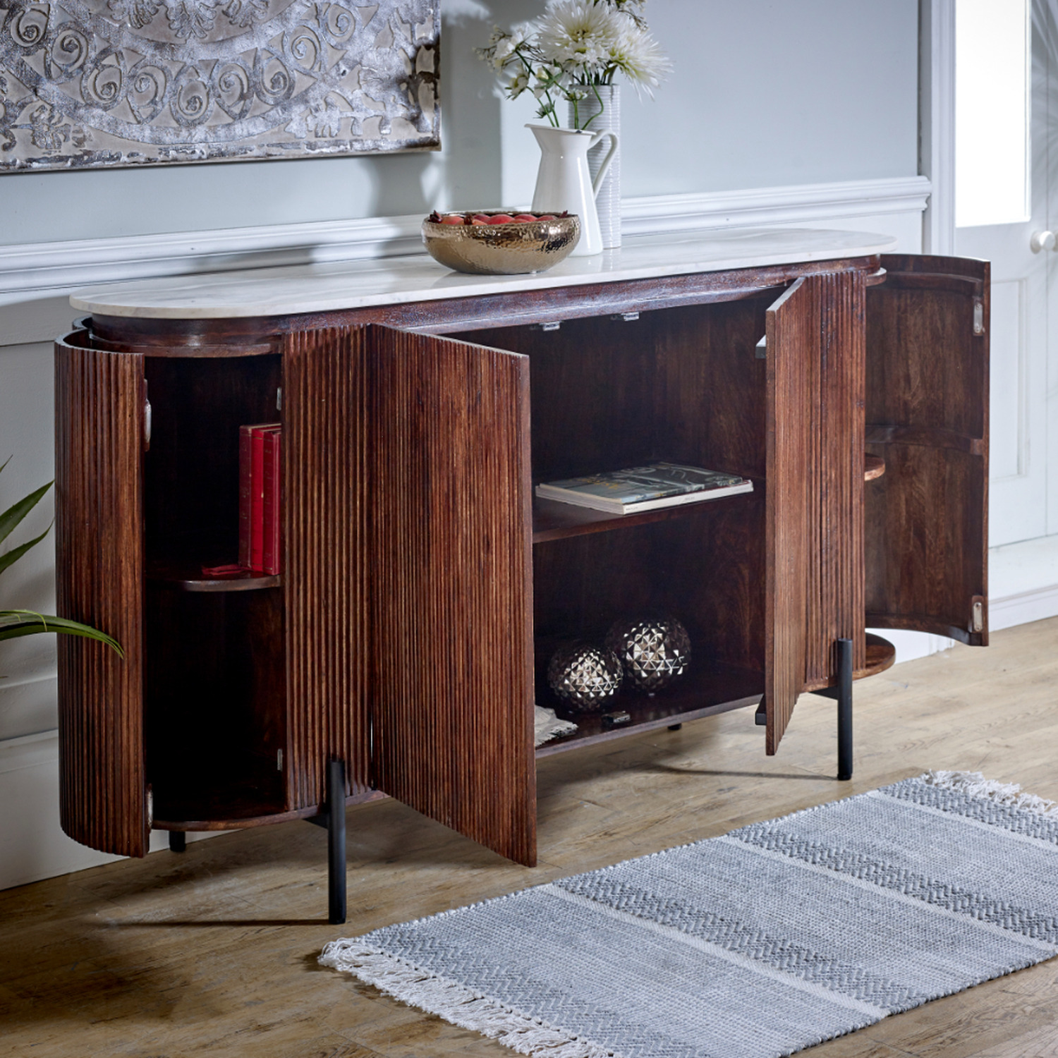 Opal Mango Wood Sideboard With Marble Top and Metal Legs