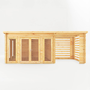 7m x 3m Wooden Log Cabin Studio with Slatted Area Pent Roof - 28mm ...