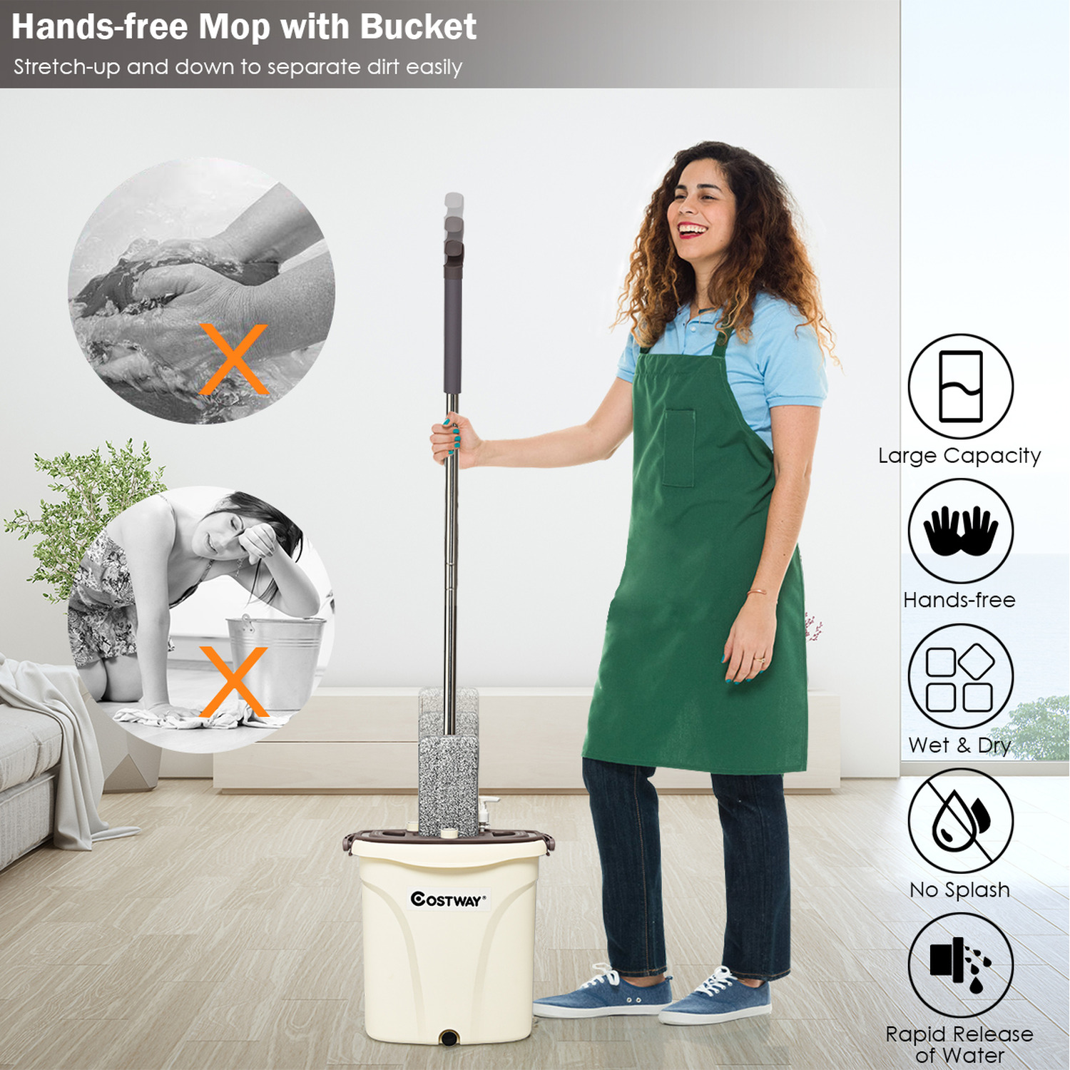 Costway Flat Squeeze Mop and Bucket Set-Beige and Brown