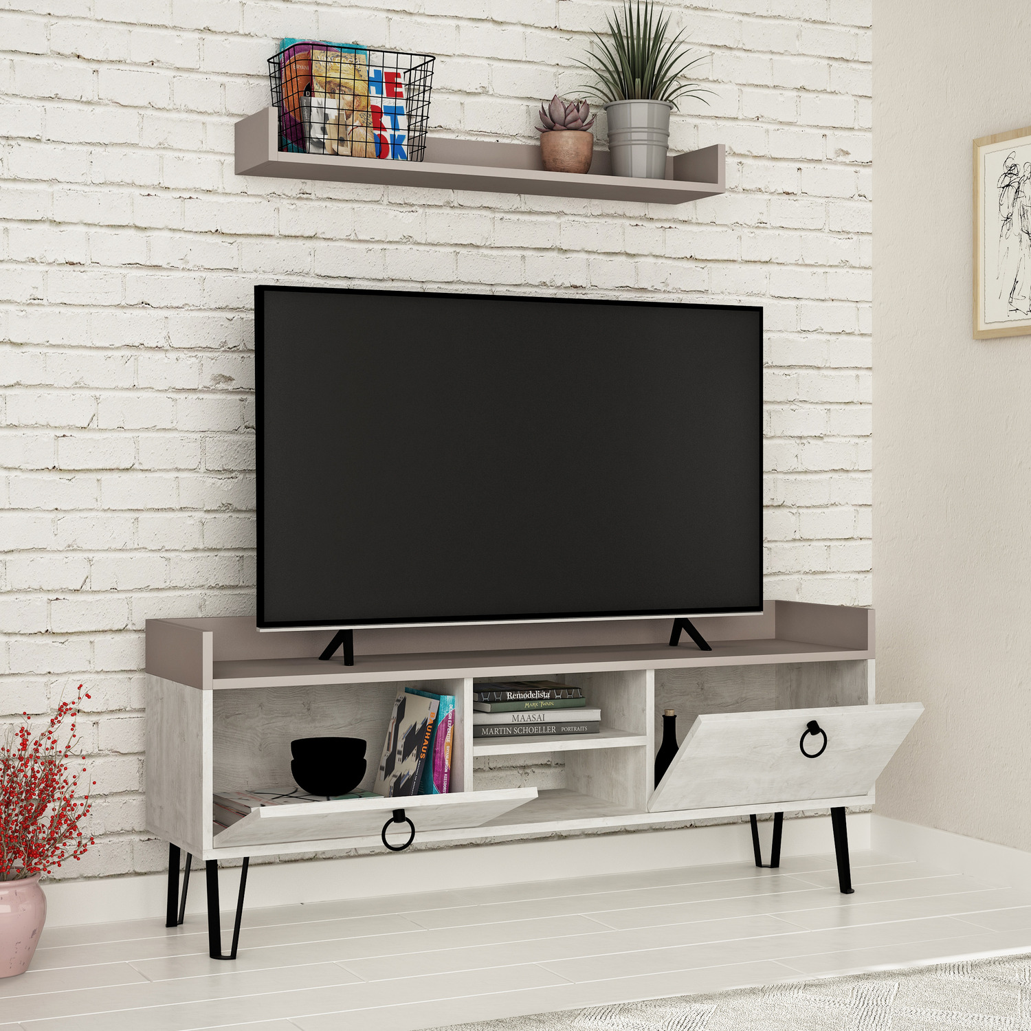 Keday Modern TV Stand Multimedia Centre TV Unit With Wall Shelf