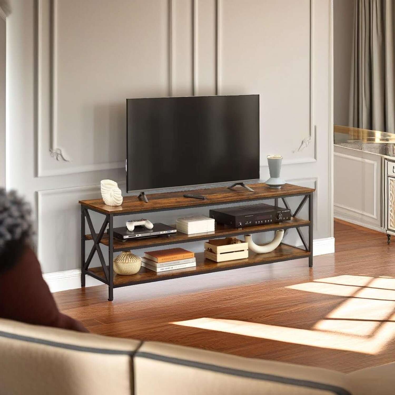 TV Console for up to 65-Inch TVs with Open Storage Shelves and X-Shape ...