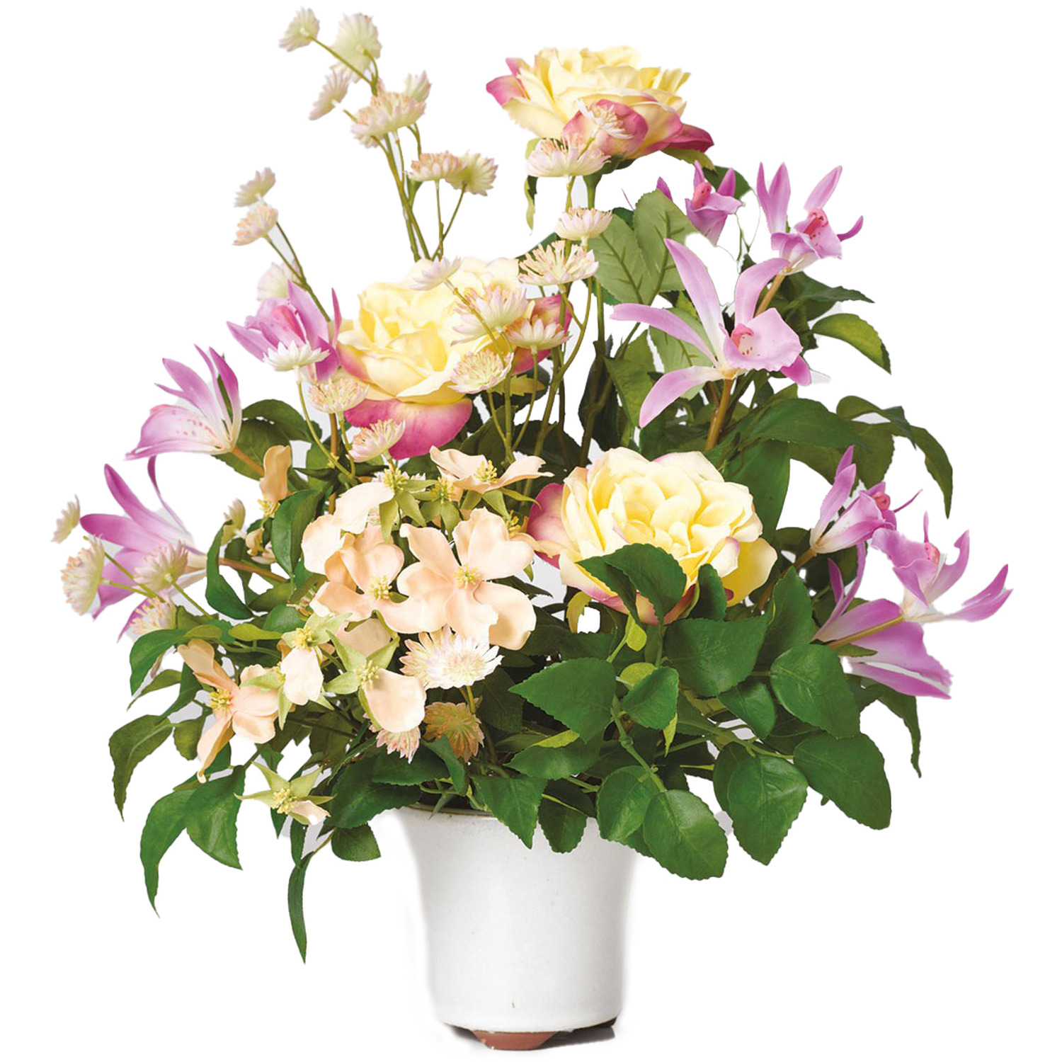 Artificial Pleione Orchid Yellow Rose Flower Arrangement in Vase