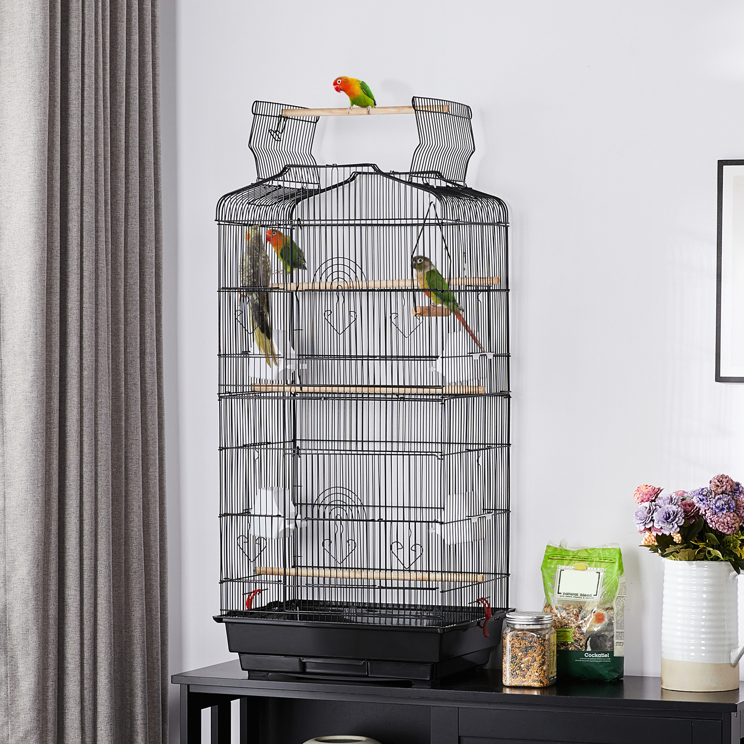 Open Top Metal Bird Cage with Feeders