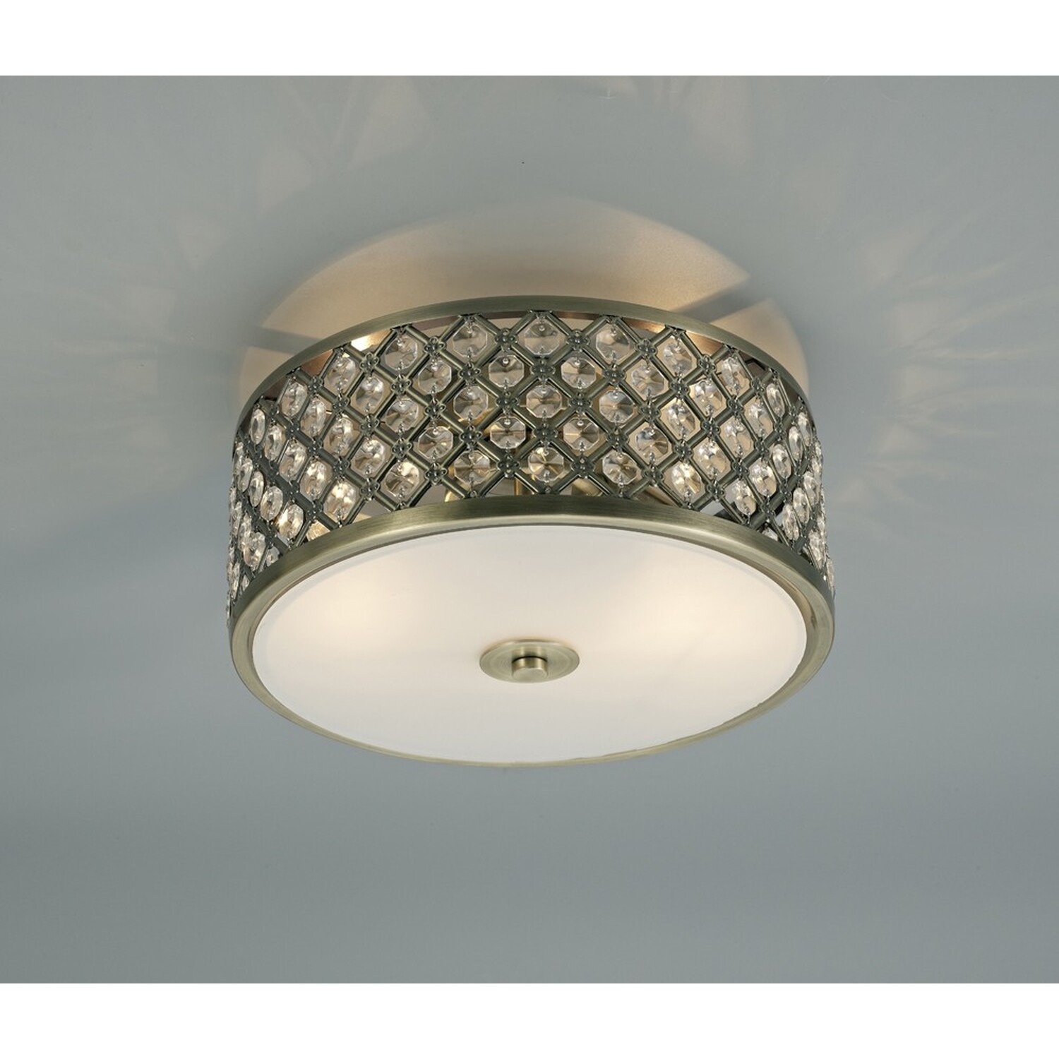 Sasha E14, Flush Ceiling Light, 300mm Round, Antique Brass, Crystal Glass
