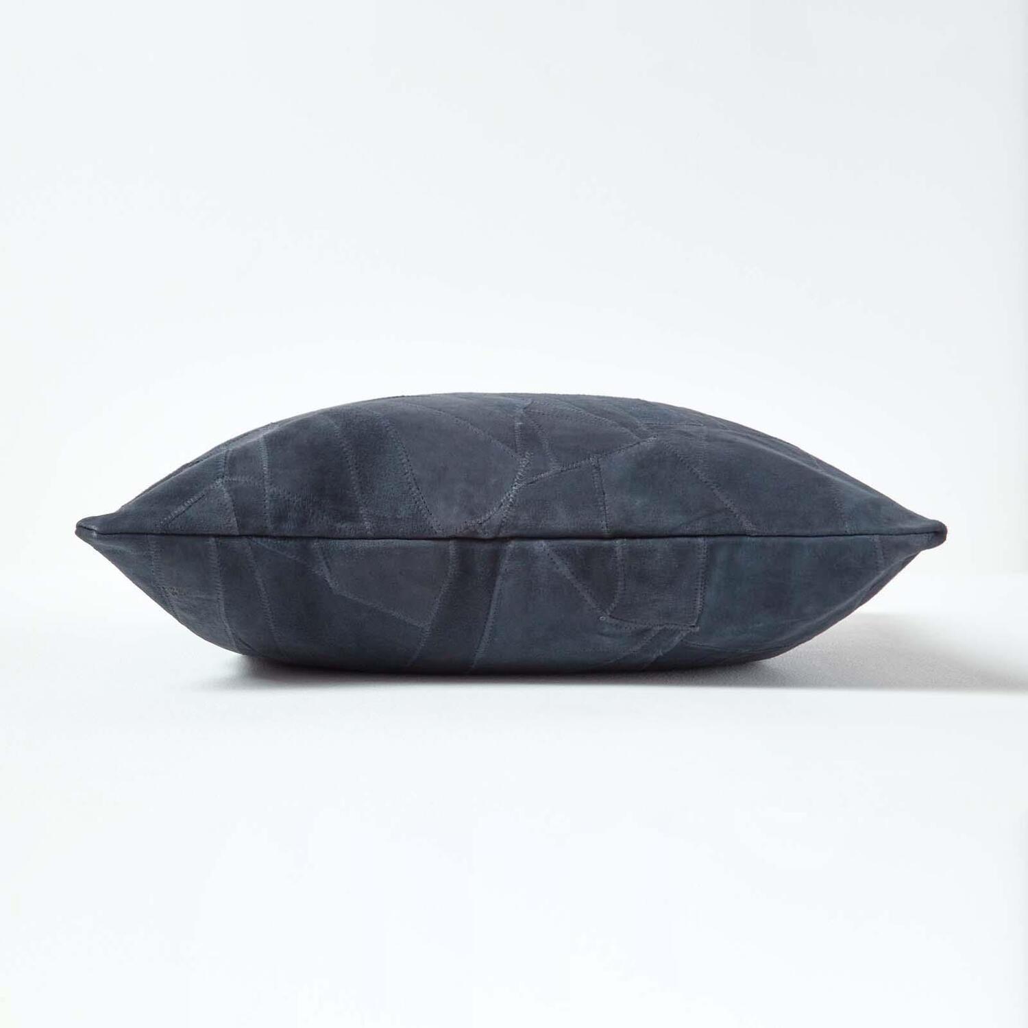 Navy Blue Real Leather Suede Cushion with Feather Filling