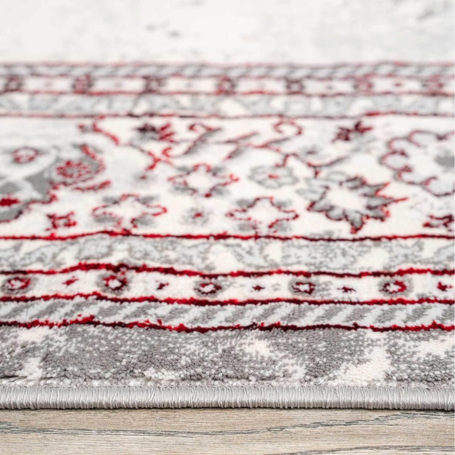 Silver Grey Red Distressed Traditional Medallion Bordered Area Rug