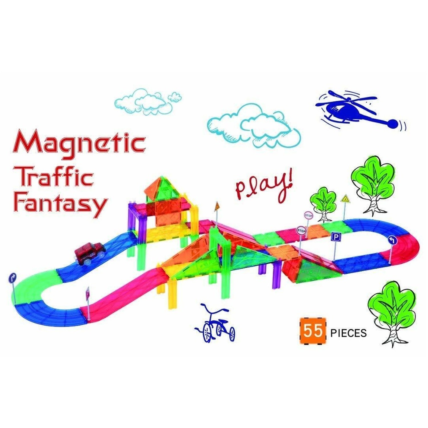 Mag-Genius Magnet Tiles Race Car Track Bonus Road Signs Car Magna 3D Set