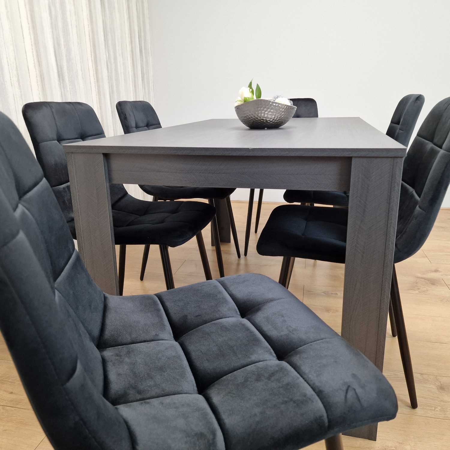 Dark Grey Dining Table Set With 6 Black Velvet Tufted Chairs