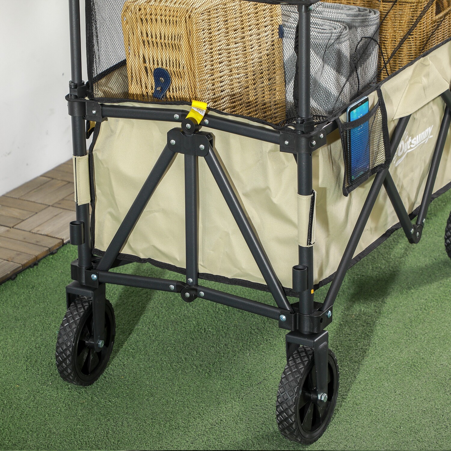 180L Folding Trolley on Wheels with Extendable Side Walls, Khaki