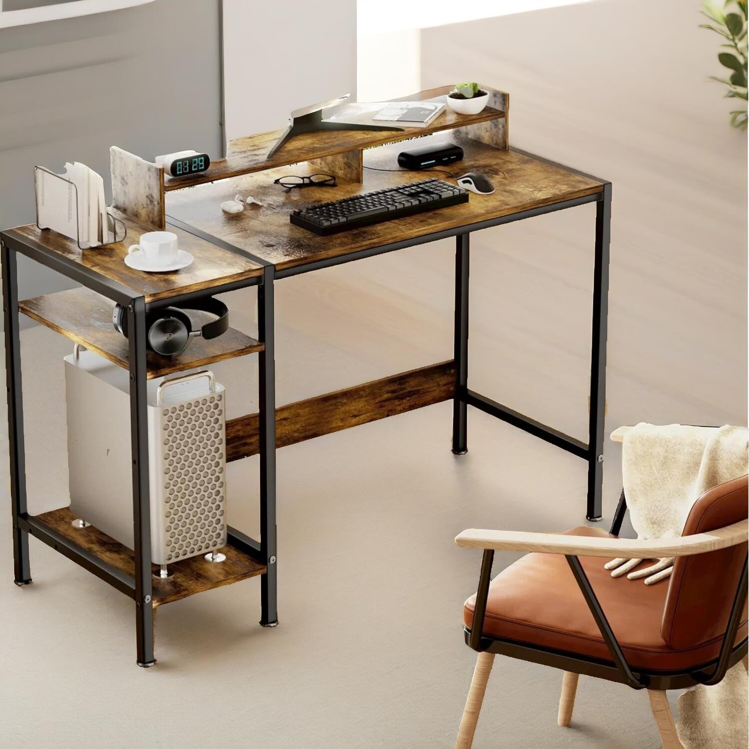 Industrial Computer Desk With Monitor Stand And Shelves