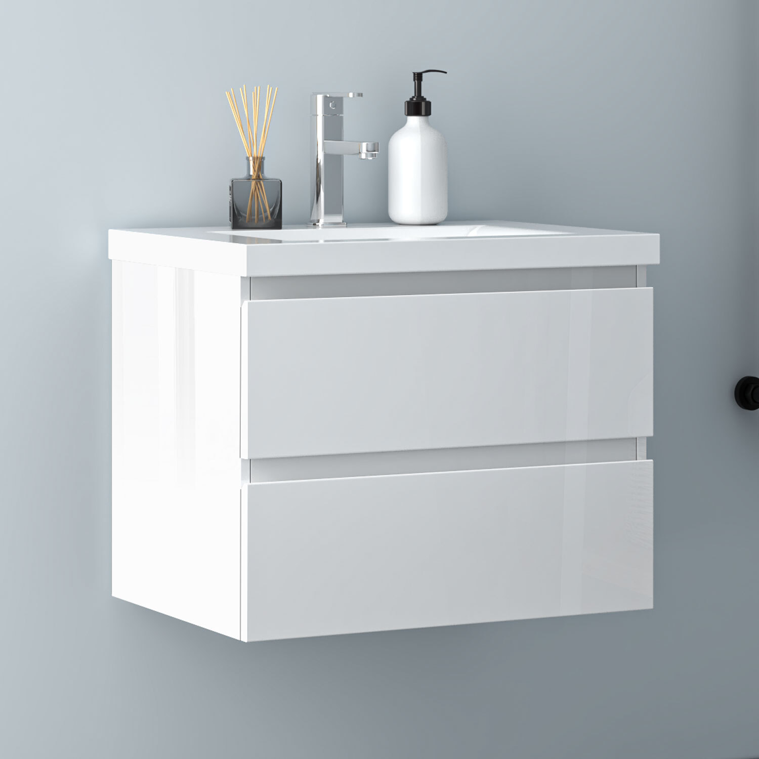 Vanity Unit Basin 600mm Wall Hung Gloss White Flat Pack