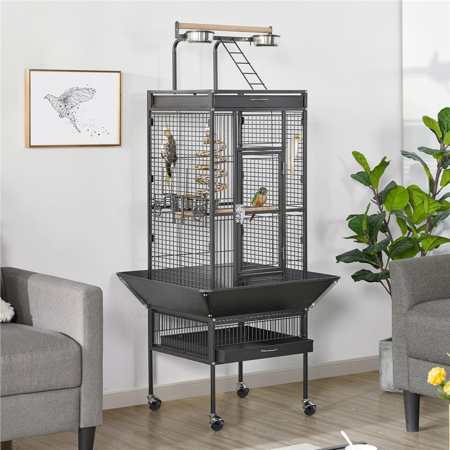 Rolling Metal Bird Cage with Playtop