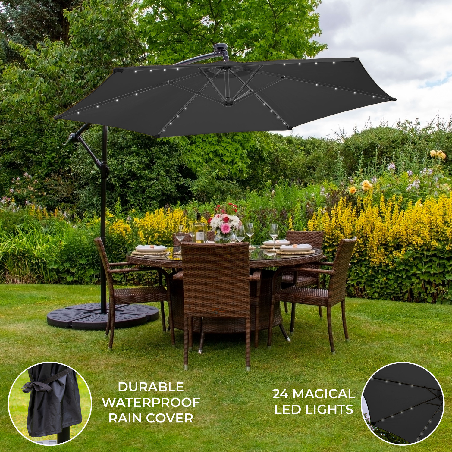Grey 3m LED Cantilever Parasol With Fan Base