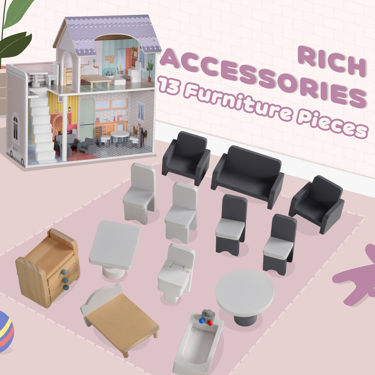 2 Storey Dolls House with 13 Pieces Furniture