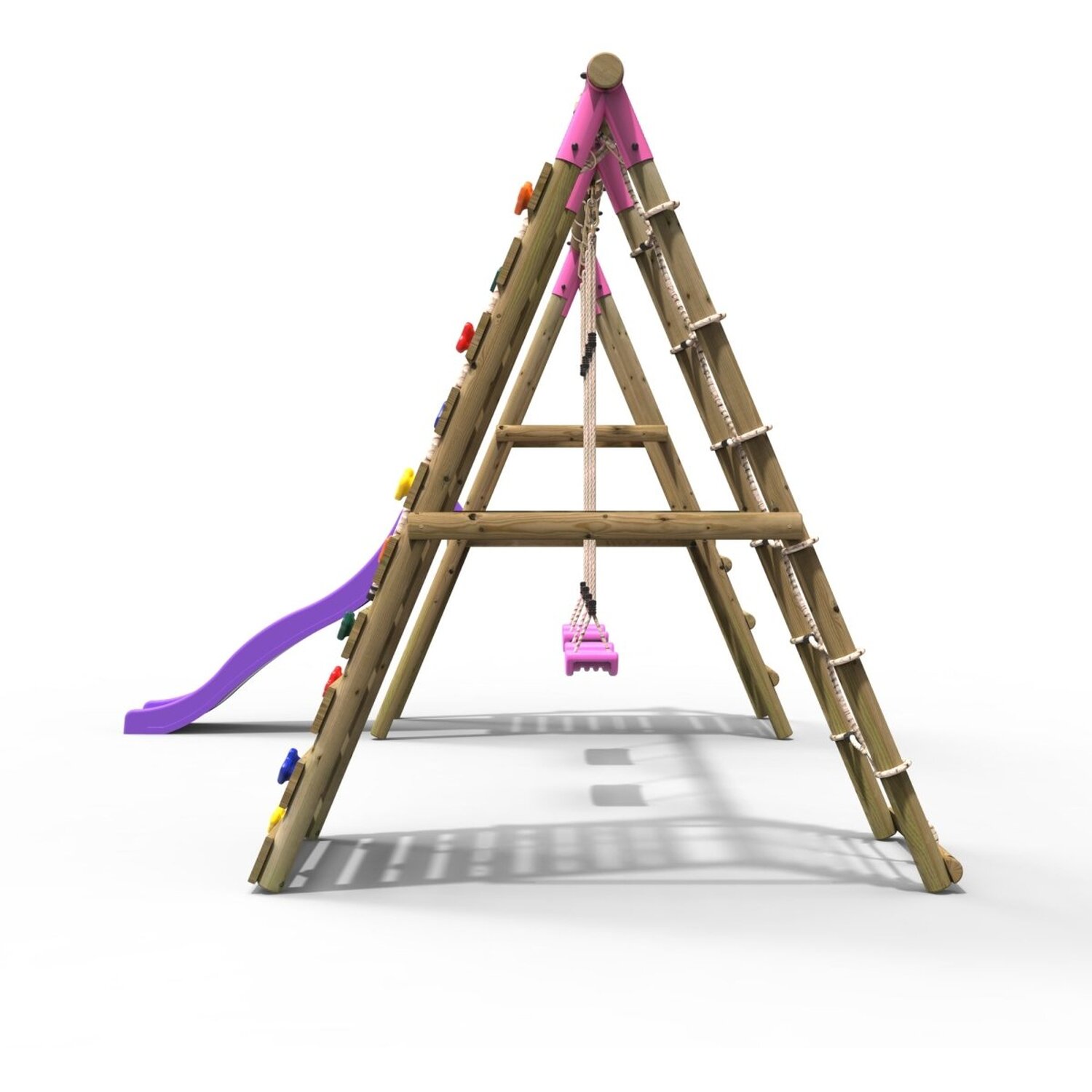 Wooden Double Swing Set with Climbing Wall and Slide - Jade
