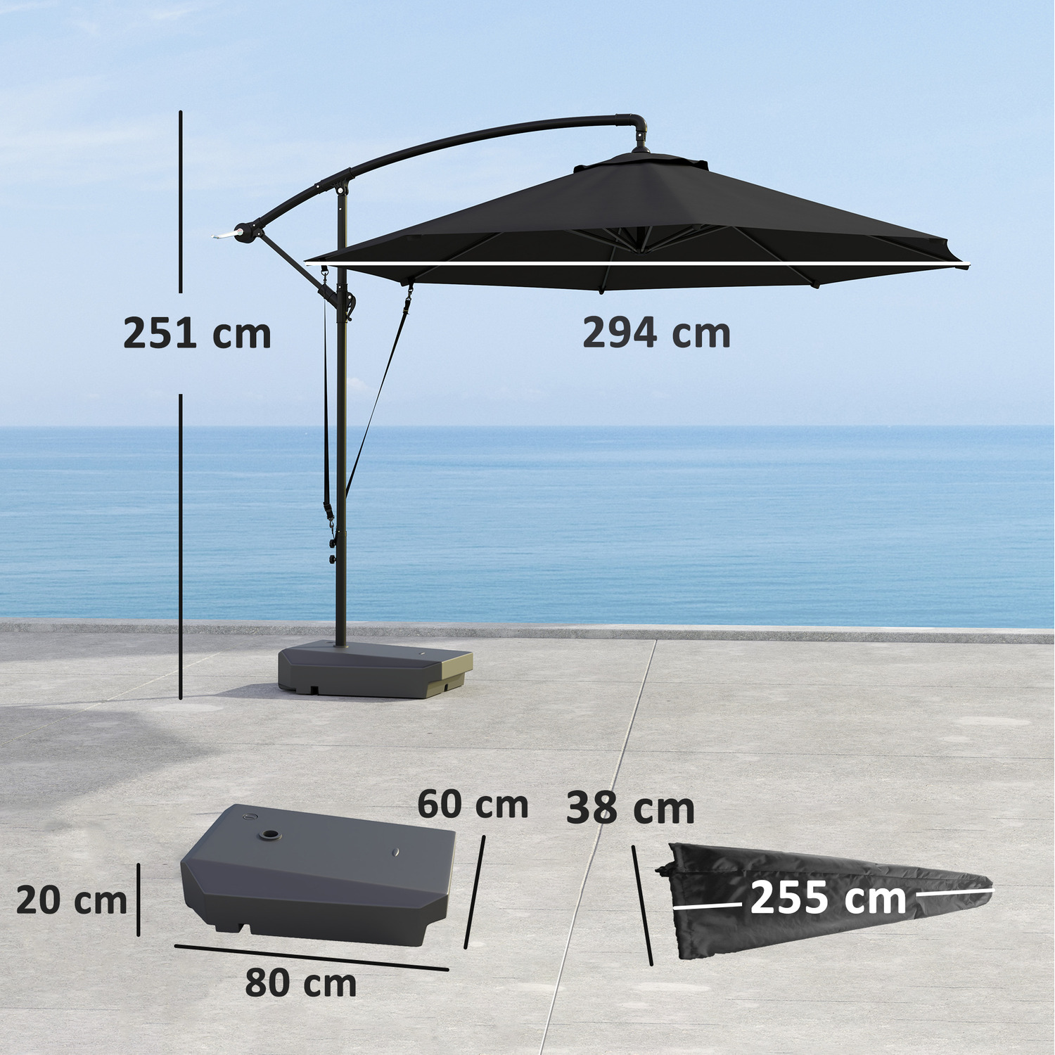 Outsunny Cantilever Parasol with Base Cover Wind Protection 84D-395V00CG