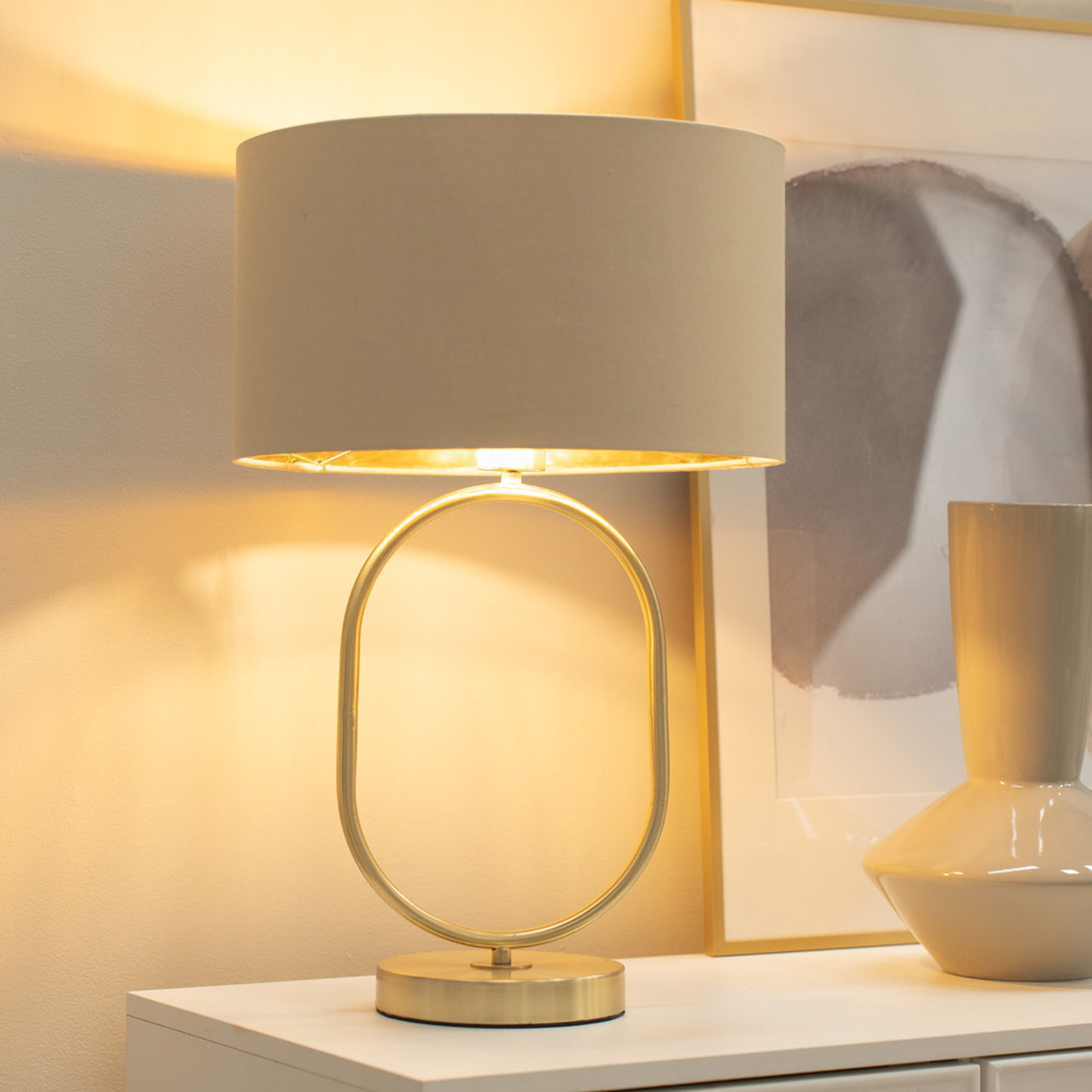 Antonia Brushed Gold Oval Table Lamp Fabric and Metallic Shade and LED Bulb