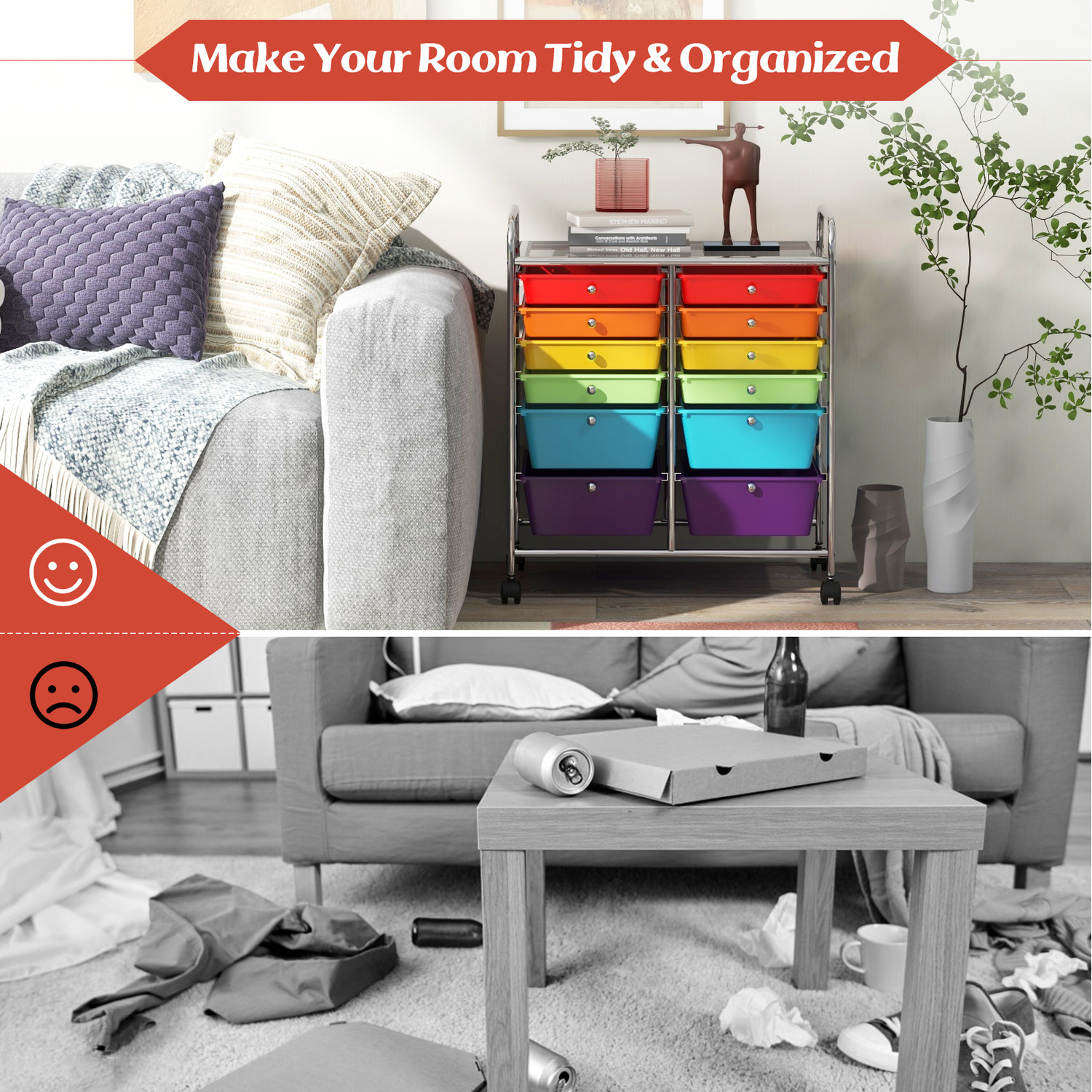 12 Drawers Rolling Storage Cart with 4 Wheels and Brakes