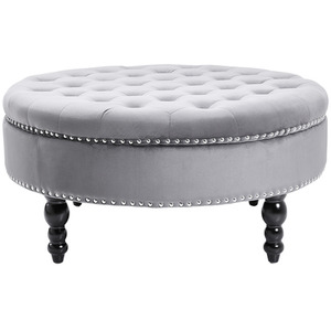 Grey Tufted Velvet Round Pouffe Ottoman Footstool