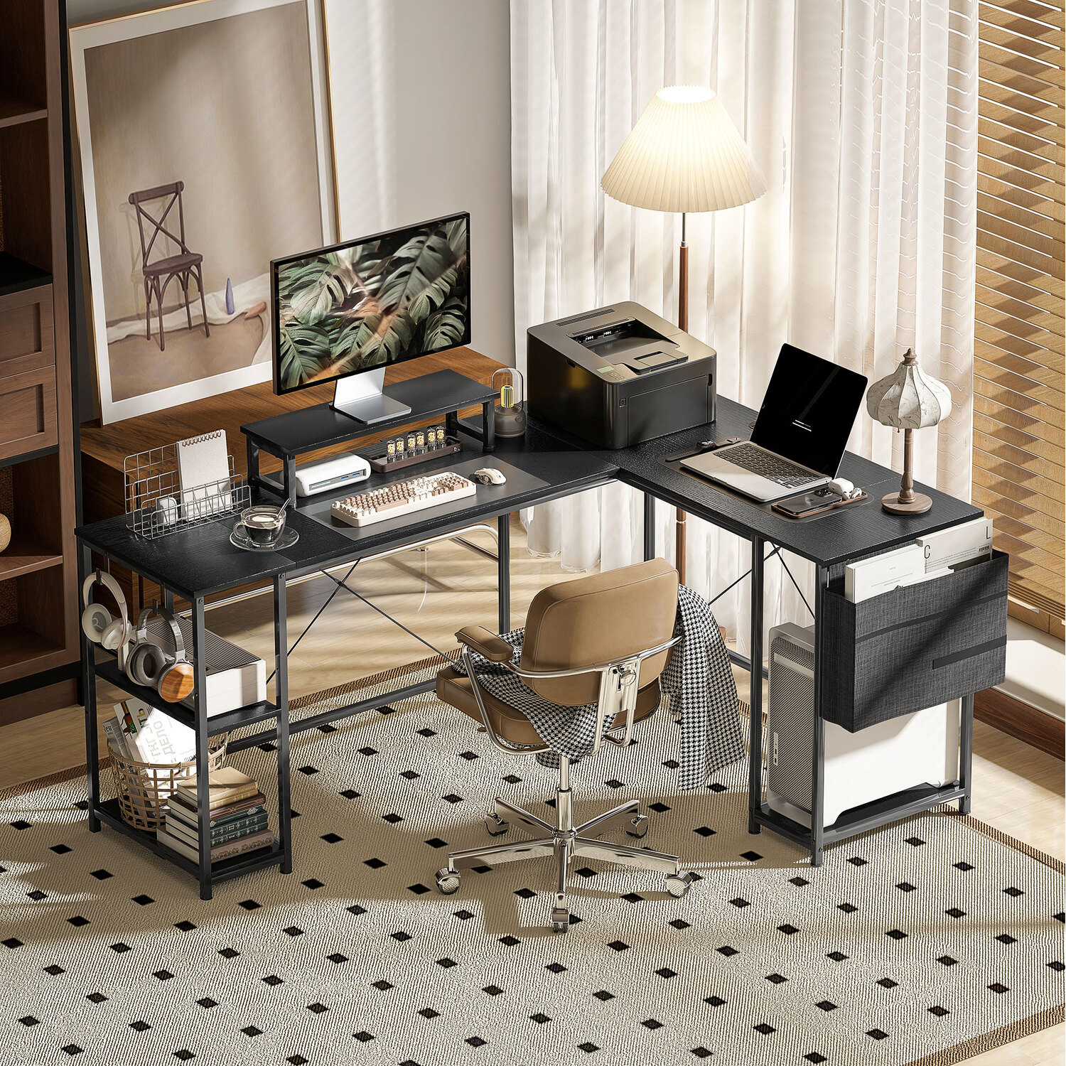 HOMCOM Reversible L Shaped Desk with Adjustable Shelf and Storage Bag