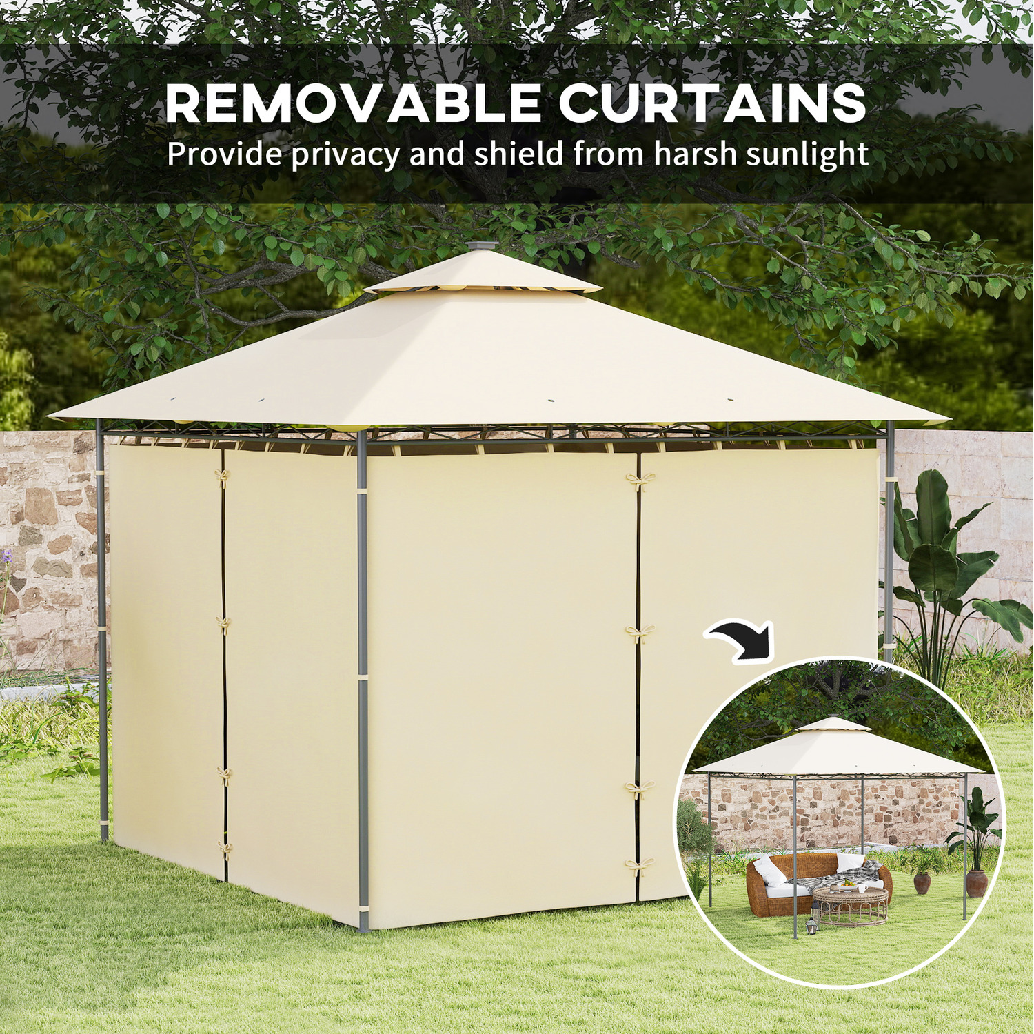 Outsunny 3 x 3 m Double Roof Garden Gazebo with Curtains