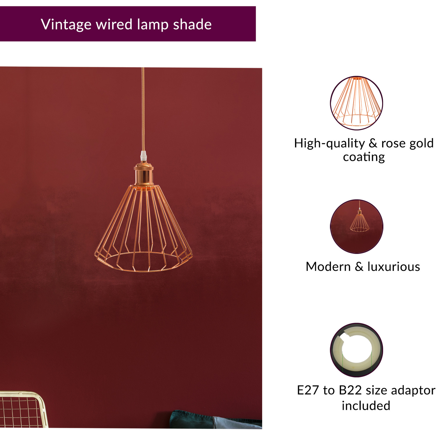 Essentials Vinted Wired Lamp Shade - Rose Copper