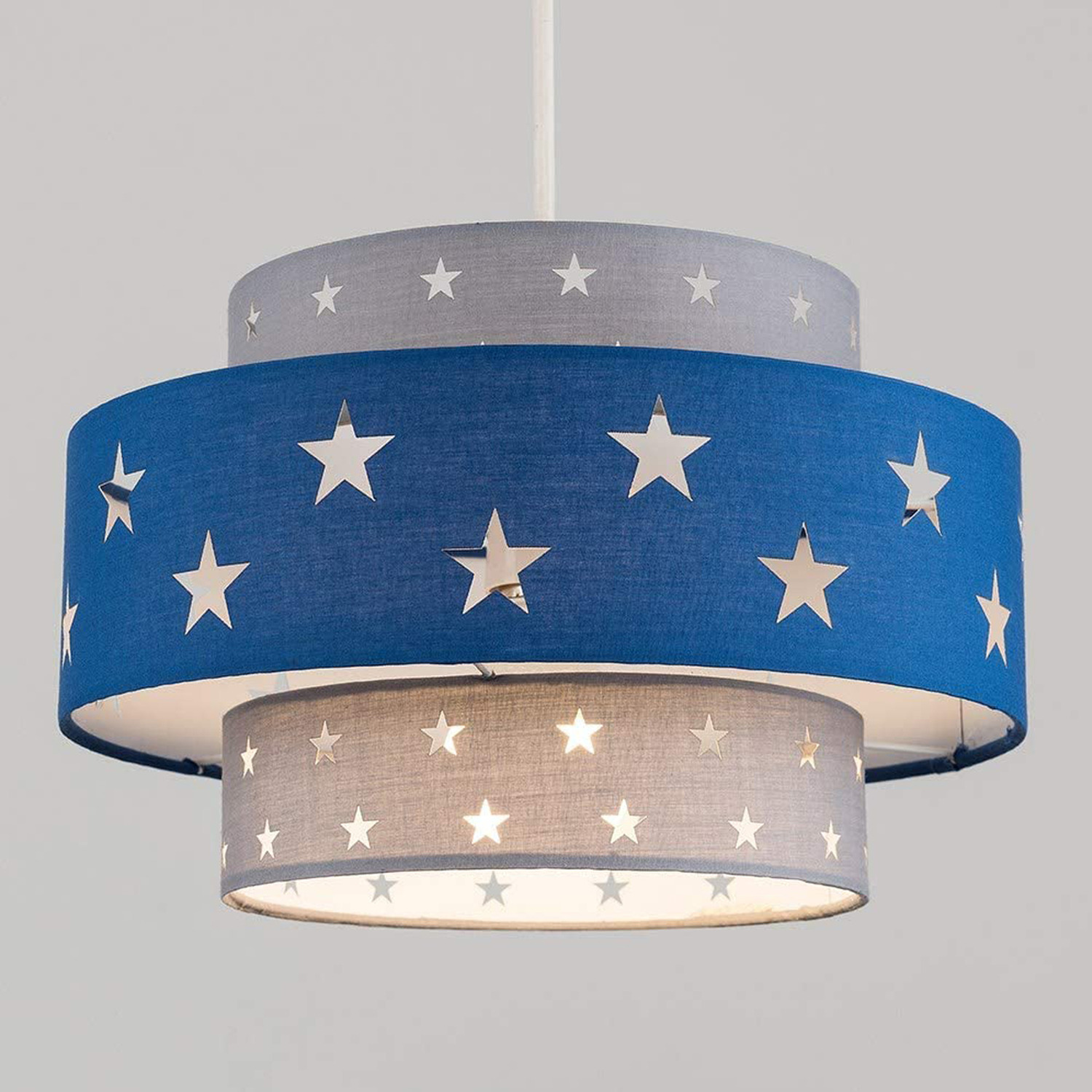 STARLIGHT Grey and Navy Blue Star Two Tier Easy Fit Lamp Shade