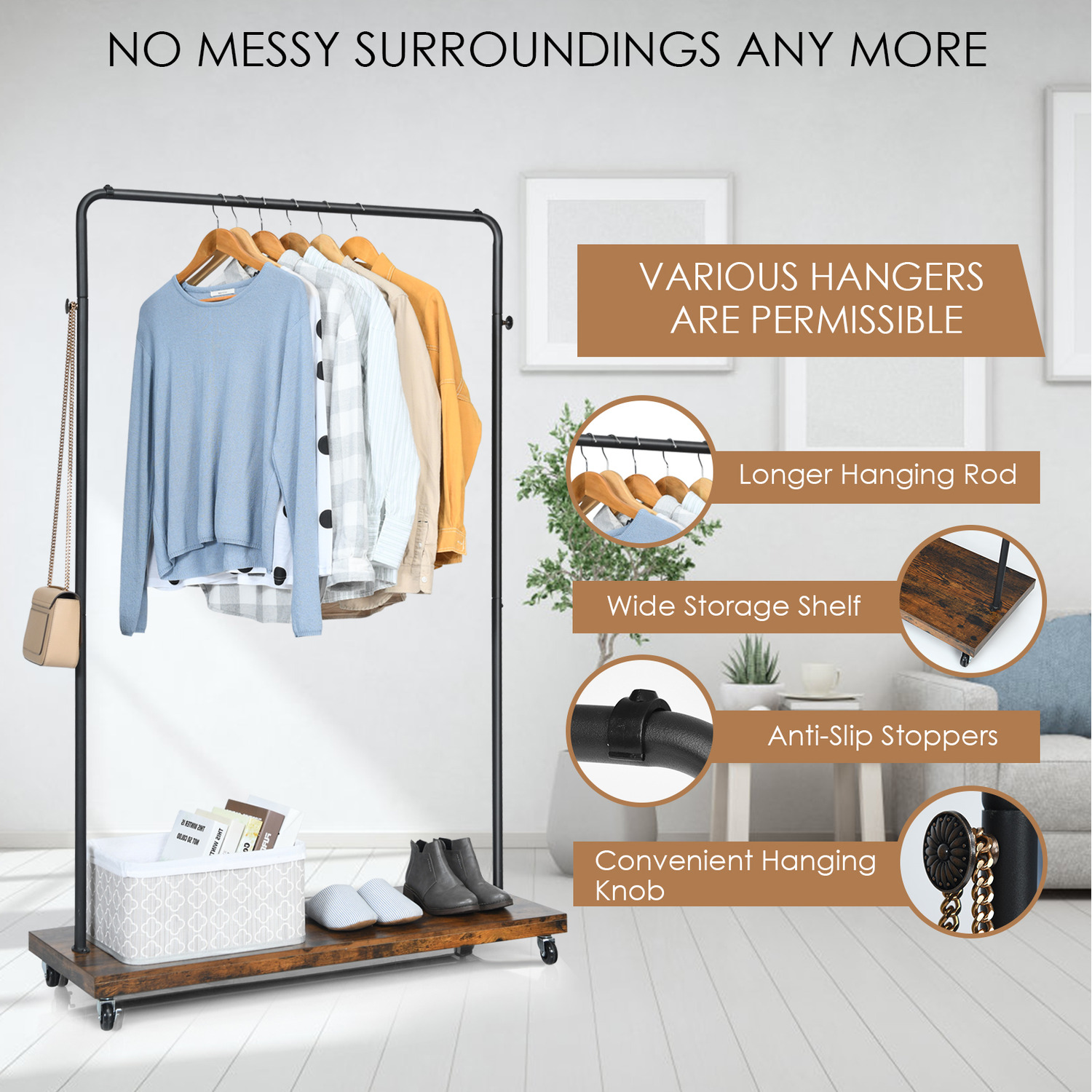 Costway Wood Shelf Industrial Clothes Rack-Brown and Black