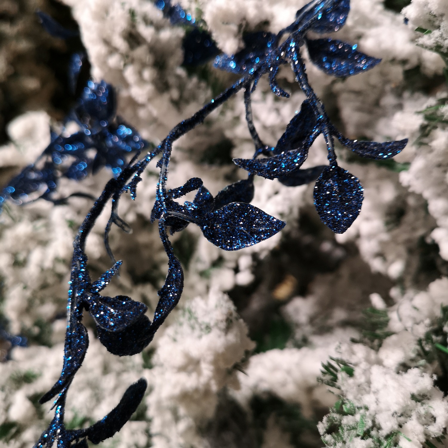 Midnight Blue Glitter Leaf Christmas Garland Decoration with Hanging Loop