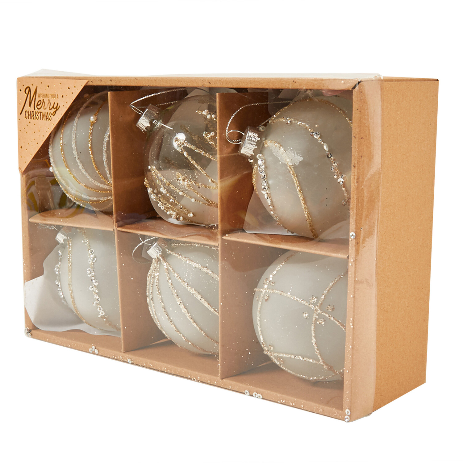 Set of 6 Frosted Gold Detailed Baubles