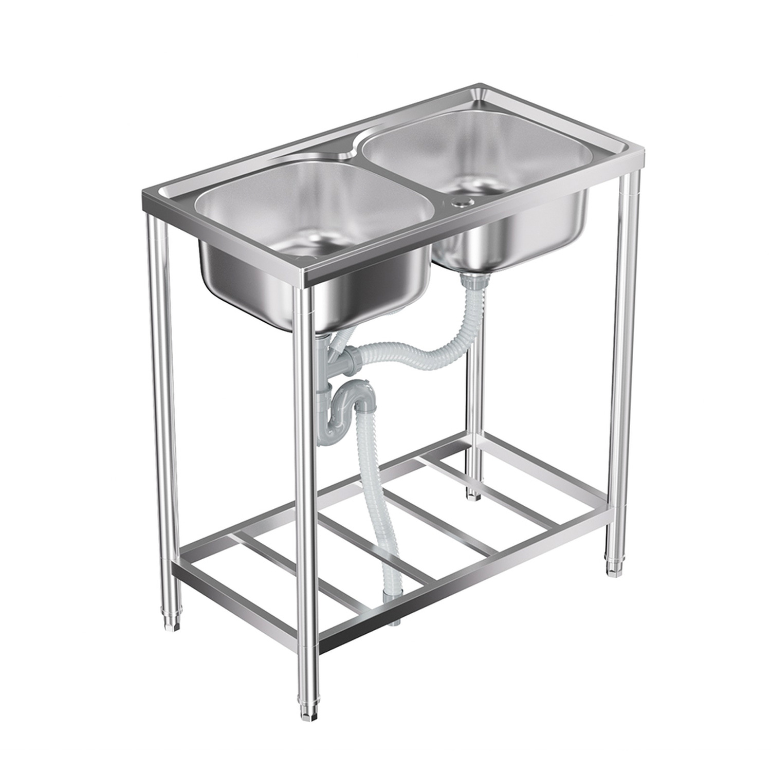 Freestanding Double Sink Kitchen Sink with Two Tap Holes