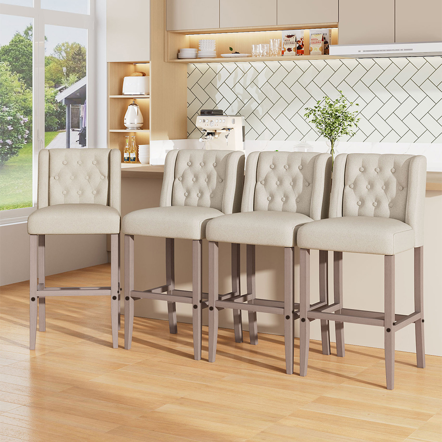 Set of 2 Linen Button Tufted Bar Stools with Wooden Legs