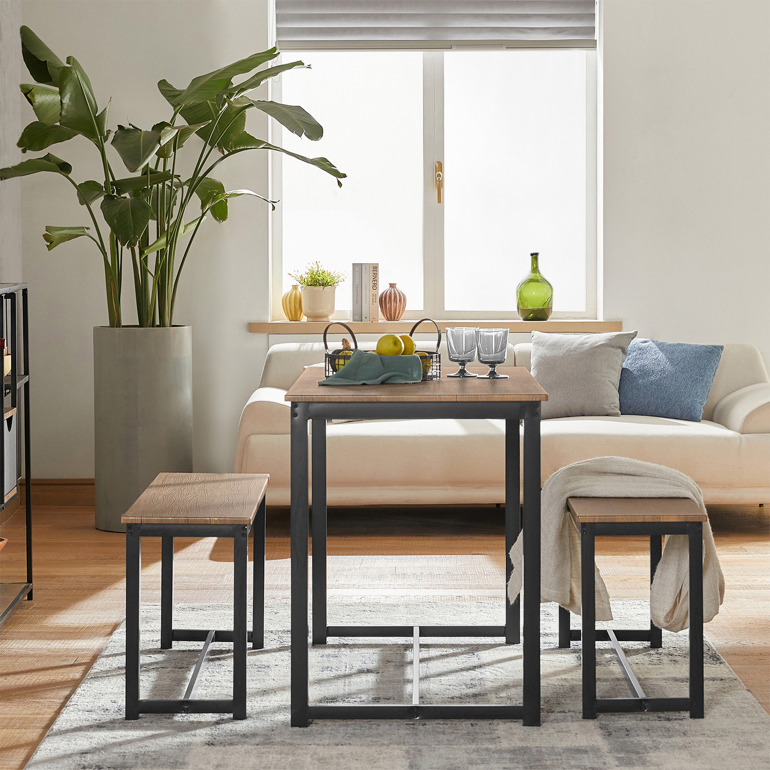 SoBuy Modern Industrial Dining Dining Set Table and 2 Benches