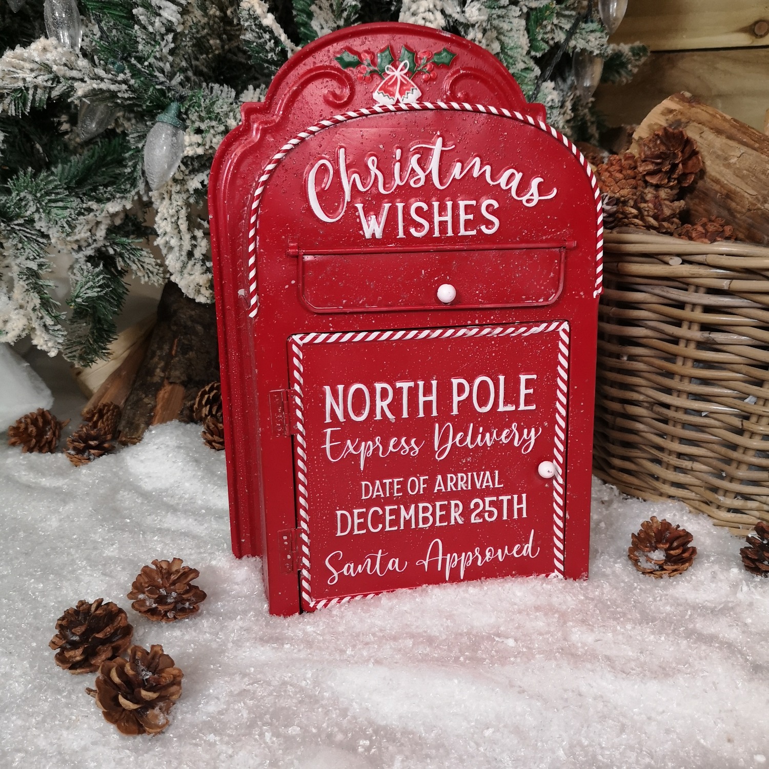 Red with White Detail Christmas Wishes Metal Post Box