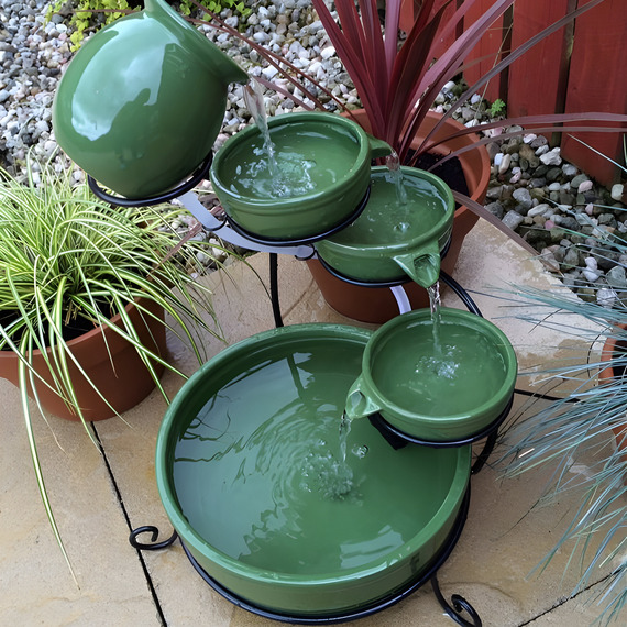 Solar Powered Ceramic Water Feature with Battery Backup and Lights
