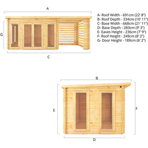 7m x 3m Wooden Log Cabin Studio with Slatted Area Pent Roof - 28mm ...