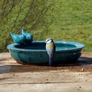 Glazed Ceramic Bird Bath Bowl Petrol Blue