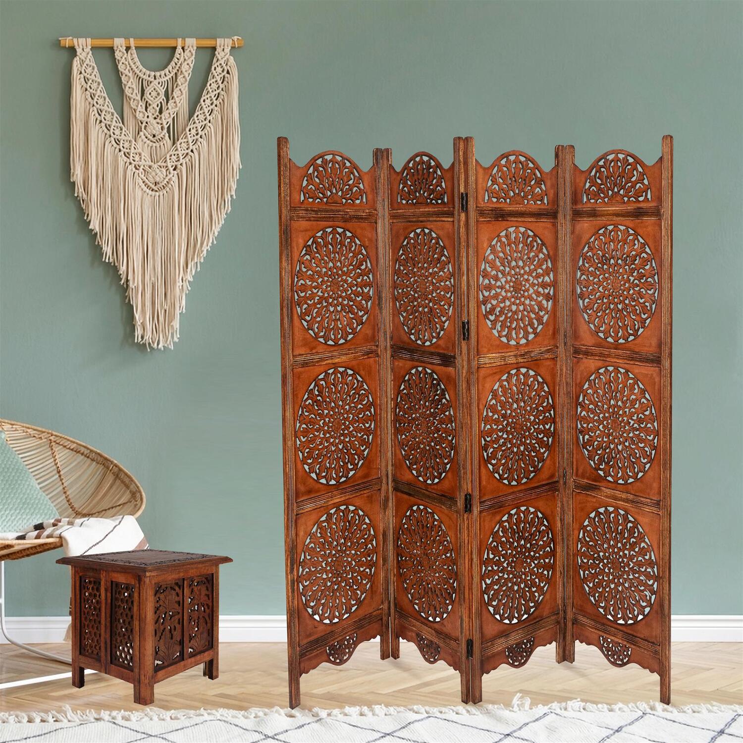 4 Panel Heavy Carved Wooden Room Divider Screen Sticker