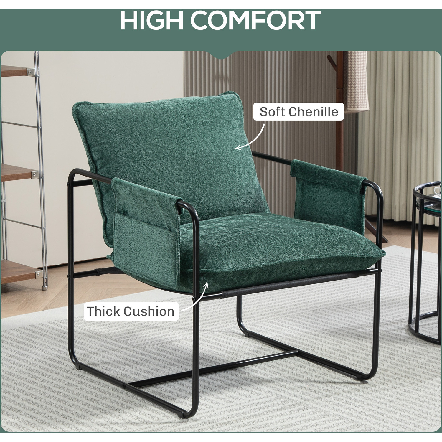 HOMCOM Modern Accent Chair Chenille Armchair with Side Pockets and ...