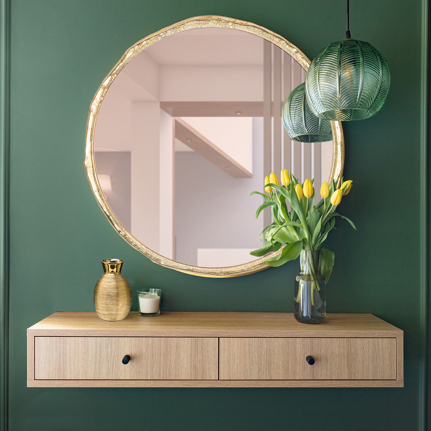 Zenith Organic Wall Mirror With Pink glass Metal Frame, Brass, 61cm Round.