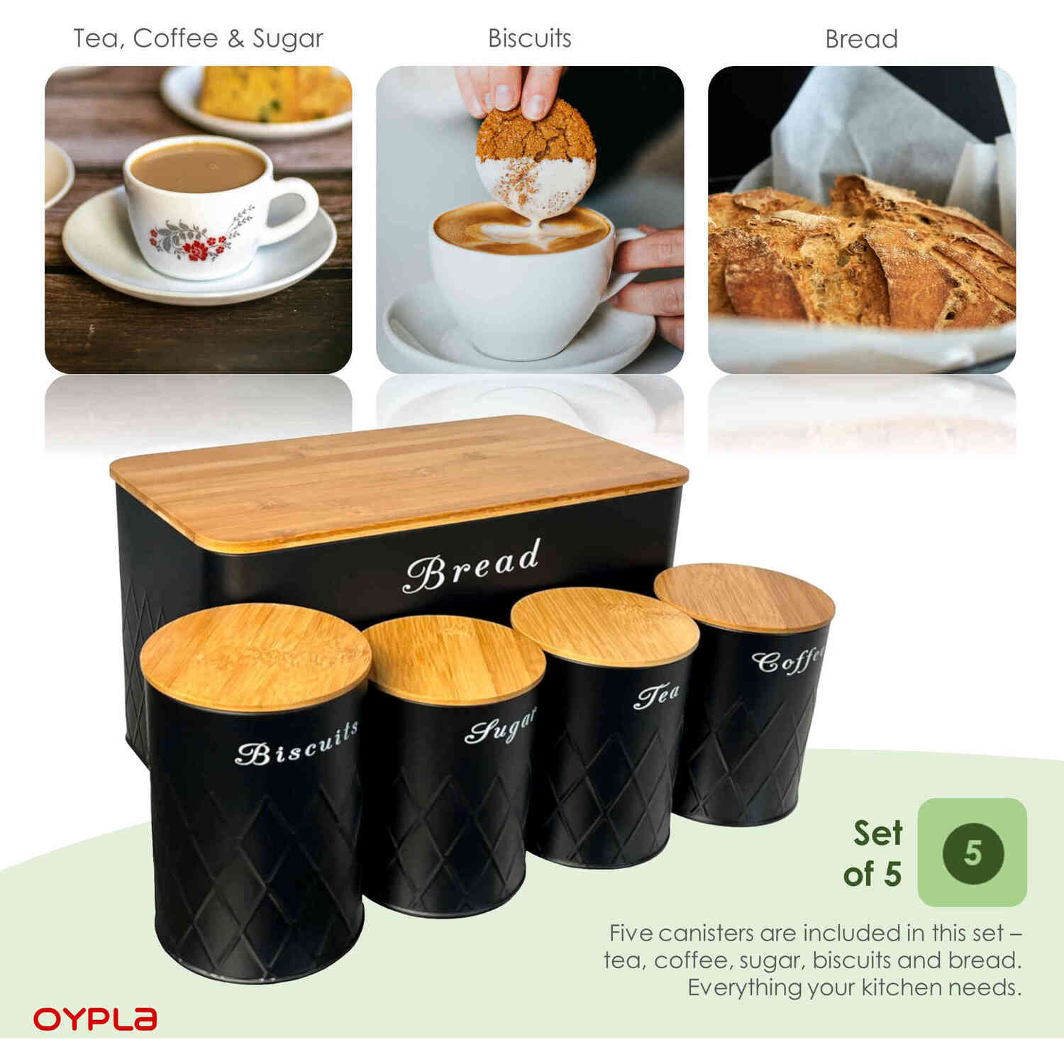 5pc Black Bamboo Lid Kitchen Canister Storage Tin Set