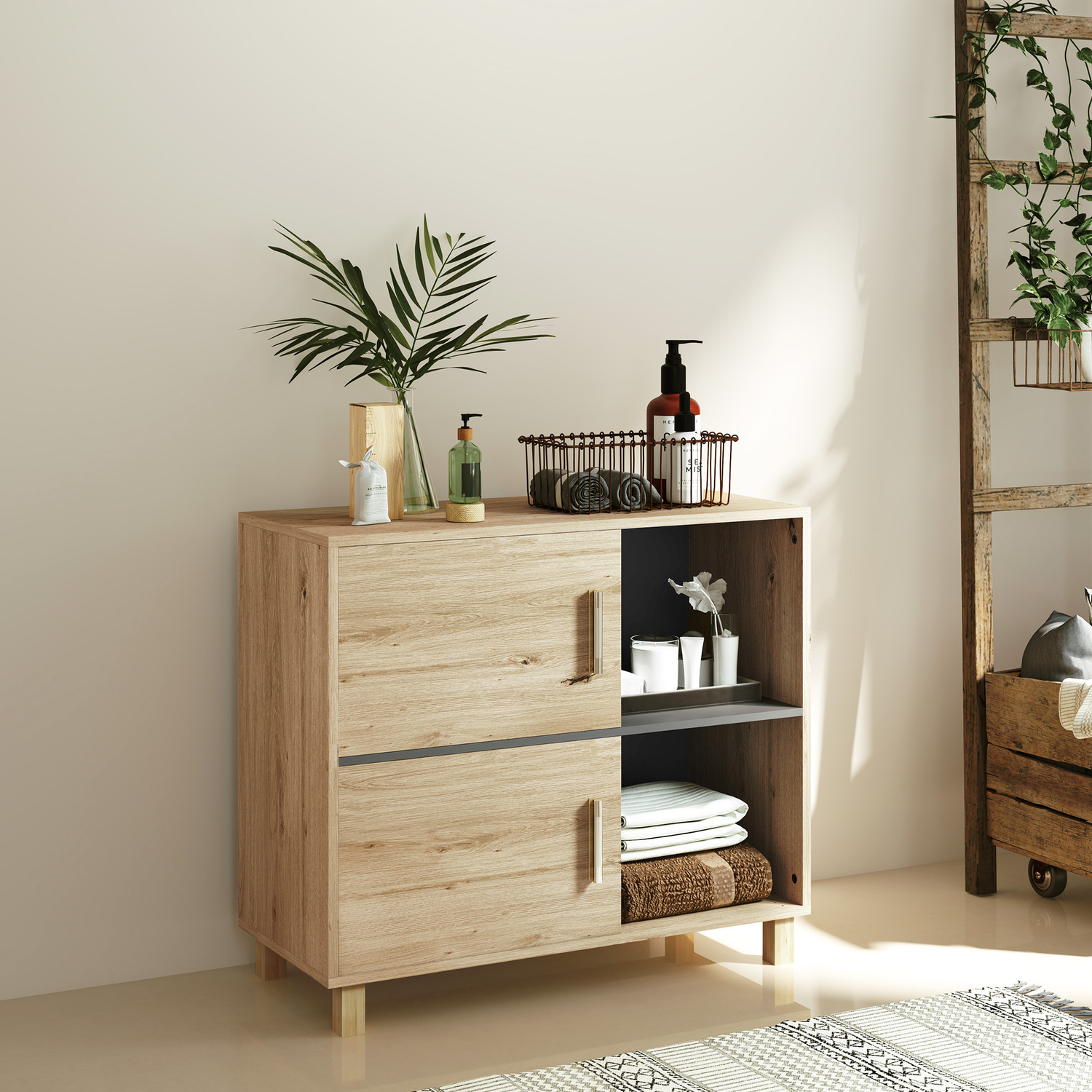 HOMCOM Storage Cabinet with Open Compartments and Double Doors