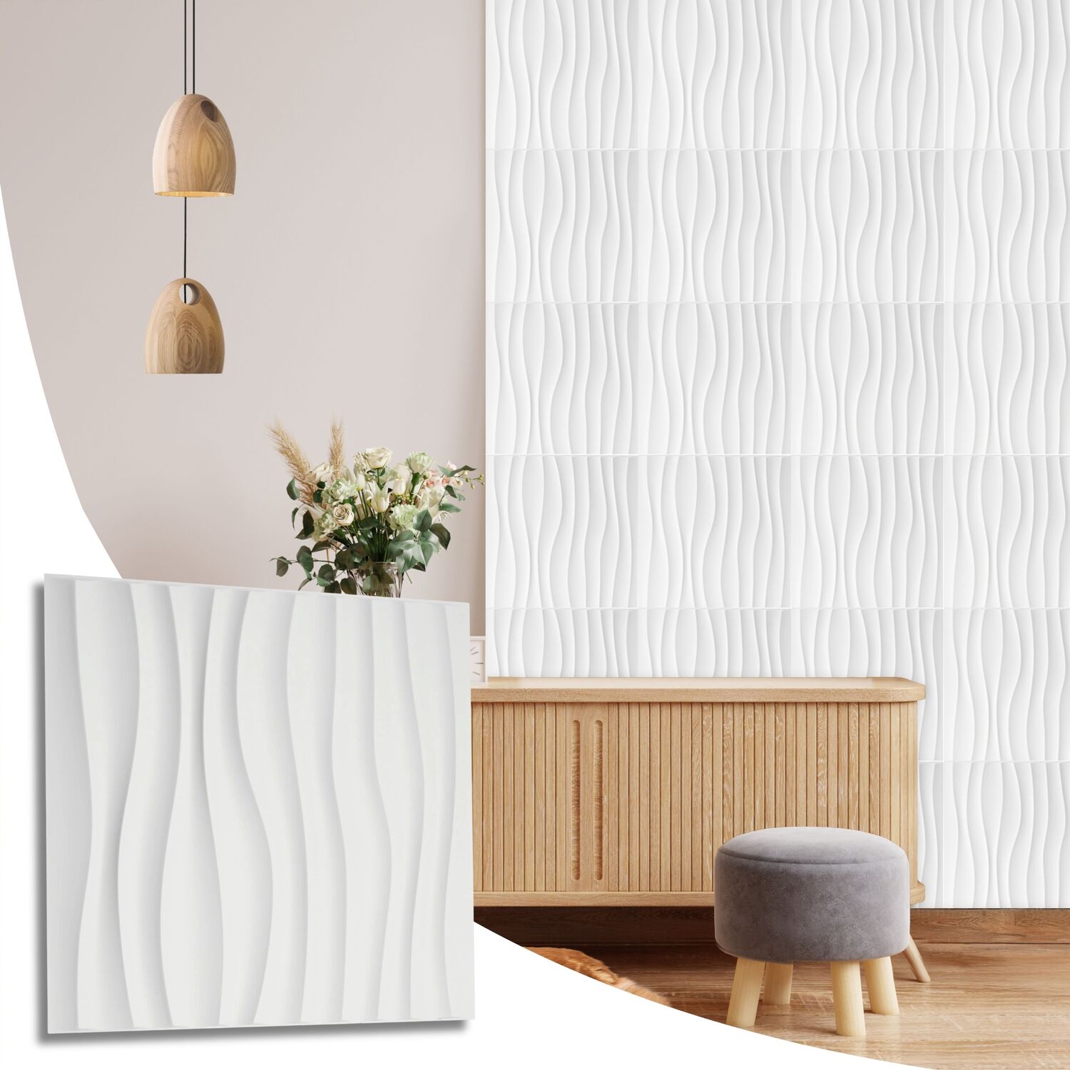 3D Wall Panels with Adhesive Included - White Waves Design
