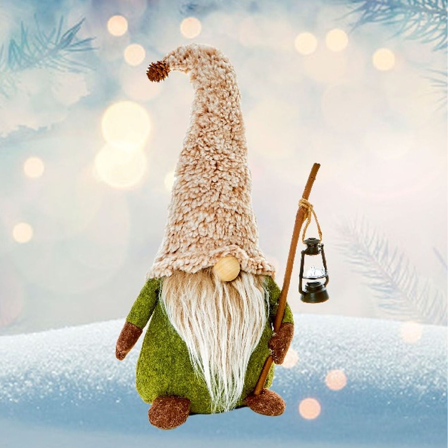 Rustic Sitting Forest Gonk With Lantern 28cm