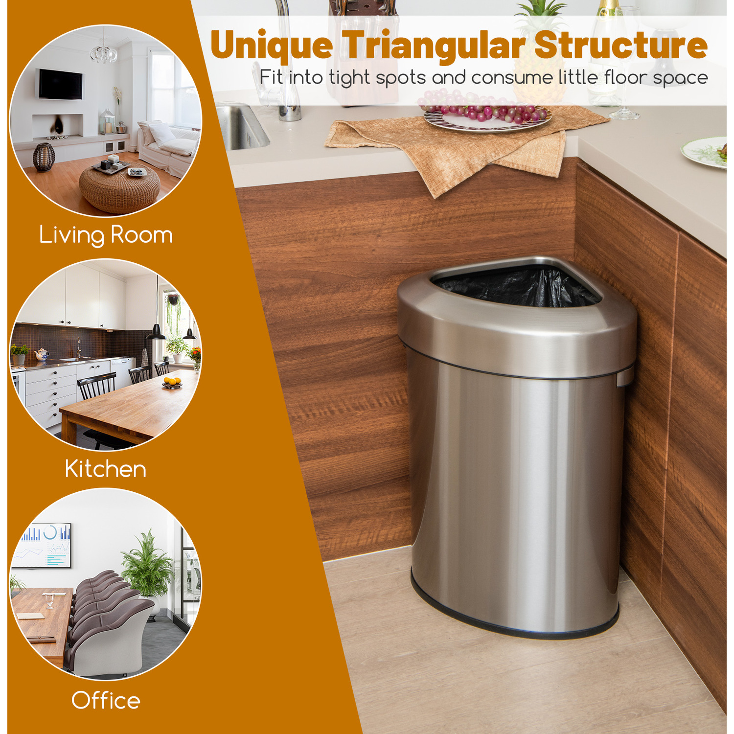 60L Stainless Steel Corner Trash Bin