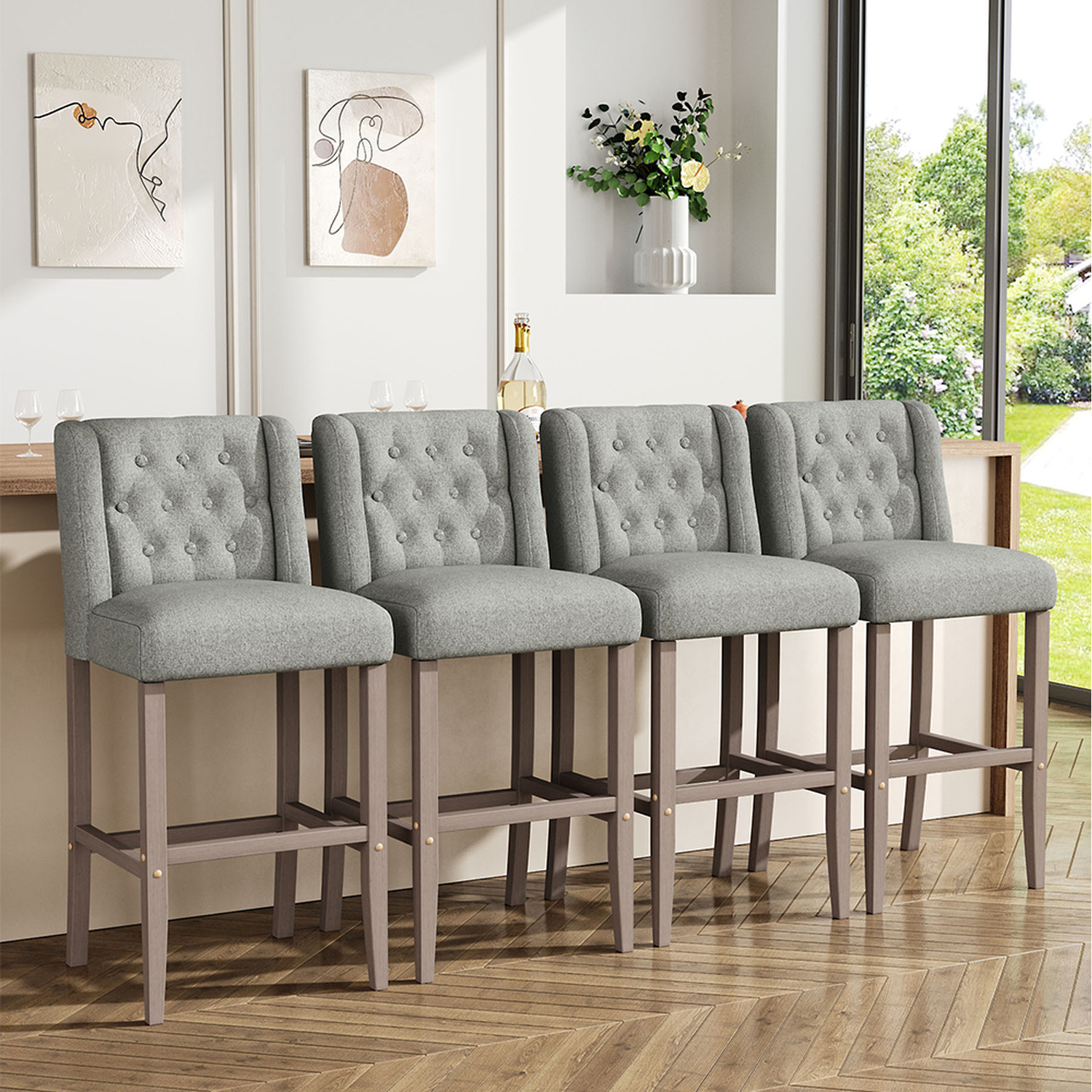 Set of 2 Linen Tufted Bar Stools